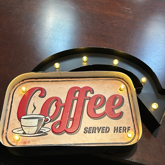 Accents | Coffee Served Here Metal Hanging Arrow Sign With Lights ...
